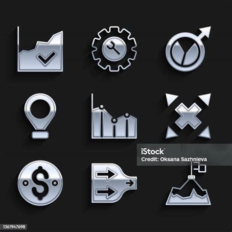 세트 원형 차트 인포 그래픽 화살표 플래그와 산 여러 가지 방법 방향 화살표 달러 기호 위치 금융 성장 및 증가 아이콘 벡터