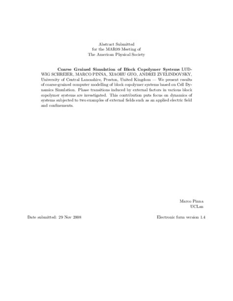 Pdf Coarse Grained Simulation Of Block Copolymer Systems