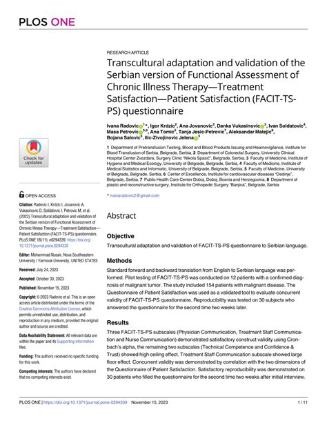 Pdf Transcultural Adaptation And Validation Of The Serbian Version Of Functional Assessment Of