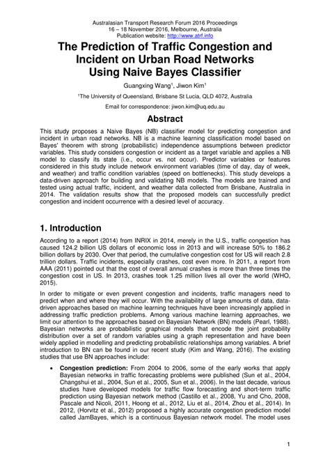 Pdf Prediction Of Traffic Congestion And Incidents On Urban Road Networks Using Naive Bayes