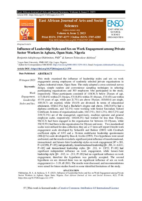 Pdf Influence Of Leadership Styles And Sex On Work Engagement Among