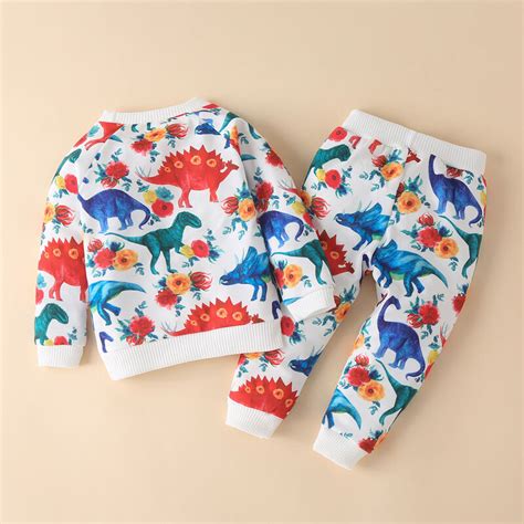 어린이 의류 세트 봄 가을 긴 소매 정장 만화 T 셔츠 바지 2 조각 세트 아기 소년 공룡 인쇄 Tracksuit 2 6y
