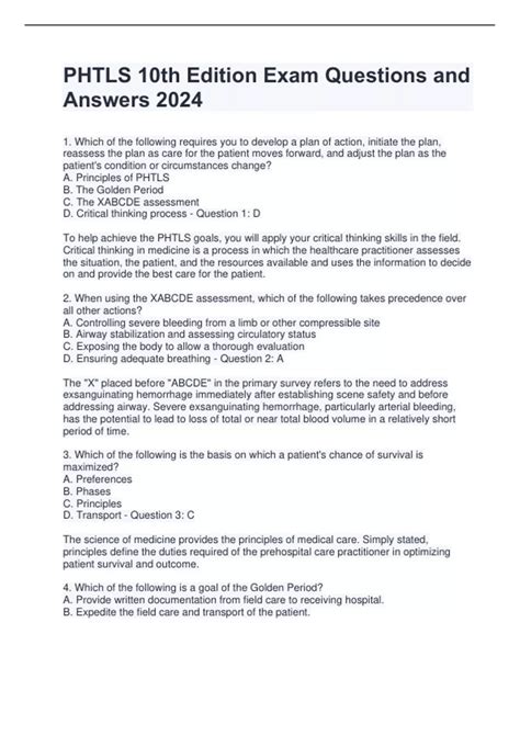 Phtls 10th Edition Exam Questions And Answers 2024 Phtls 10th Edition Stuvia Us