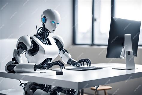 Premium Ai Image A Modern Robot Works In An Office On A Laptop Demonstrating The Usefulness Of