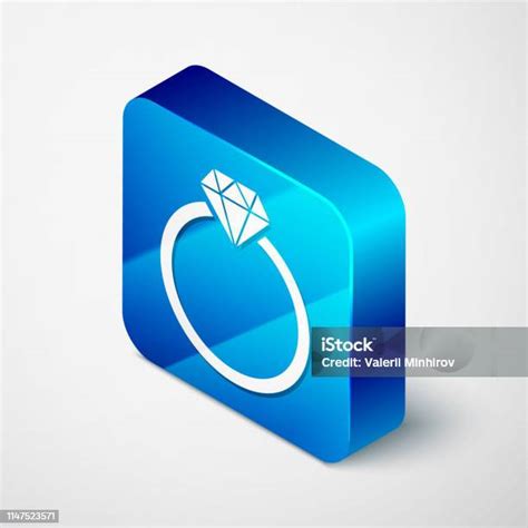 아이소메트릭 다이아몬드 약혼 반지 아이콘 흰색 배경에 고립입니다 파란색 사각형 버튼을 클릭 합니다 벡터 일러스트 결혼 의식에