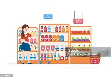 식료품 점 또는 식품 선반이있는 슈퍼마켓 랙 유제품 과일 및 음료 플랫 만화 손으로 그린 템플릿 일러스트 레이 션 고객에 대한 스톡 벡터 아트 및 기타 이미지 Istock