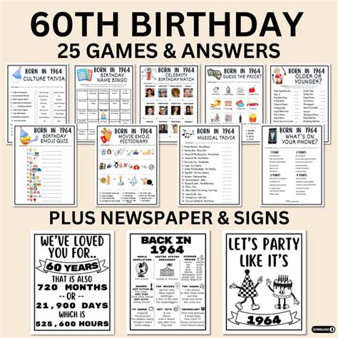 60th Birthday Printable Games Bundle Born In 1964 Party Idea 60th