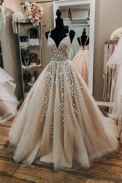 V Neck Open Back Champagne Tulle Lace Long Prom Dress With Belt Champ