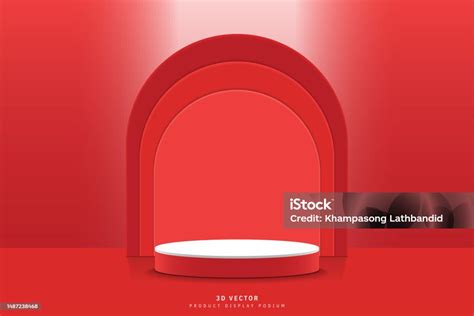 3개의 아치 모양 배경이 있는 제품 전시를 위한 사실적인 빨간색과 흰색 3d 무대 실린더 받침대 연단이 있는 3d 스튜디오 룸