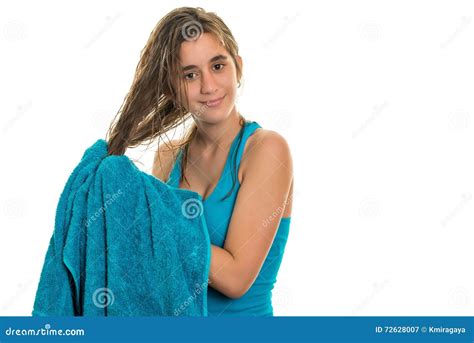 Pretty Teenage Girl Drying Her Wet Hair With A Towel Stock Image