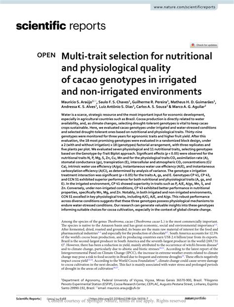Pdf Multi Trait Selection For Nutritional And Physiological Quality Of Cacao Genotypes In