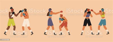 두 명의 여성 프로 권투 선수 캐릭터의 초상화는 벡터 삽화를 격리했습니다 권투 글러브를 끼고 스파링을 하는 여자 선수들 스포츠 전투 훈련 개념 권투 스포츠에 대한 스톡 벡터