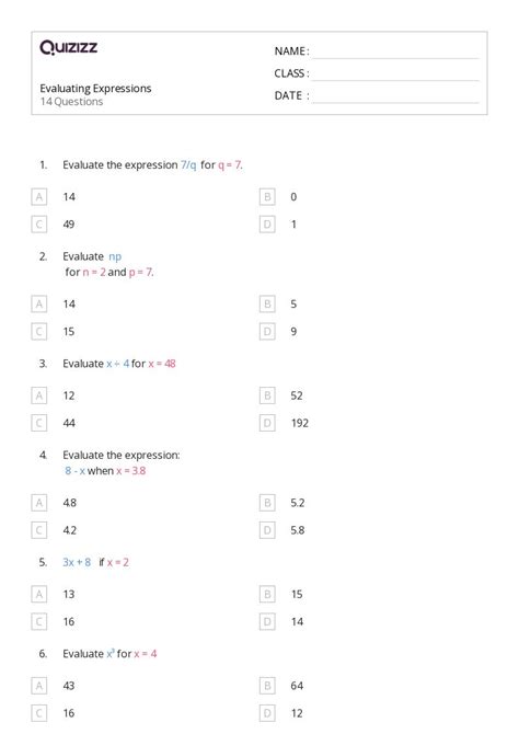 50 Evaluating Expressions Worksheets For 6th Grade On Quizizz Free
