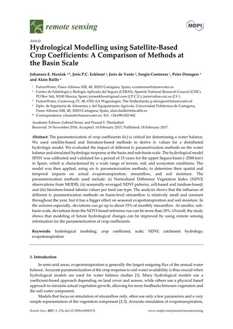 Pdf Hydrological Modelling Using Satellite Based Crop Coefficients A Comparison Of Methods At
