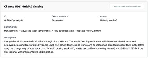 RDS Database Stack Update MultiAZ Setting AMS Advanced Change Type Reference