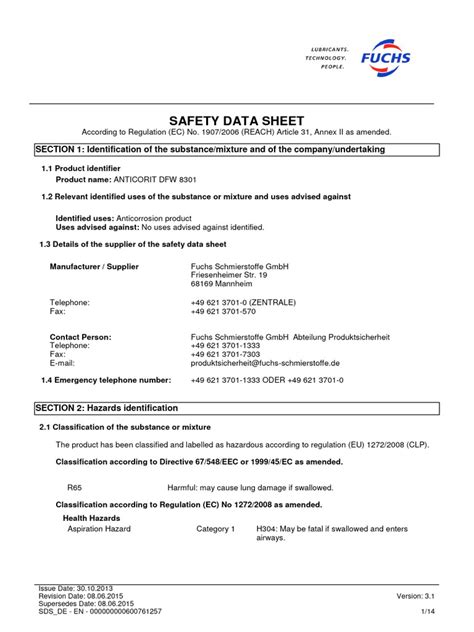 Sds Anticorit Dfw 8301 En Download Free Pdf Dangerous Goods Toxicity