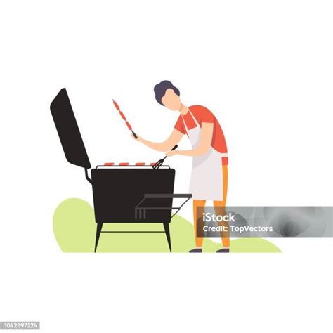 젊은이 흰색 바탕에 바베 큐 그릴 벡터 일러스트 레이 션에 굽고 소시지 고기에 대한 스톡 벡터 아트 및 기타 이미지 고기 굽기 꼬챙이 Istock