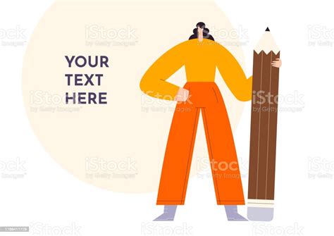 여성 모던 한 캐릭터와 큰 연필 사무실 작업 소셜 네트워크에서 통신 텍스트 배경입니다 플랫 벡터 그림입니다 Brand Name Online Messaging Platform