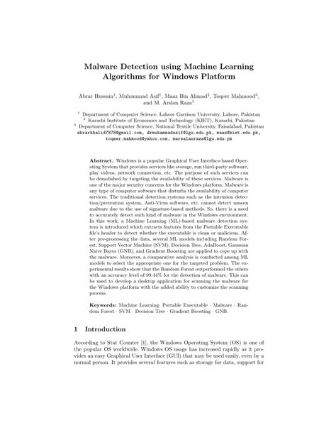Pdf Malware Detection Using Machine Learning Algorithms For Windows Platform