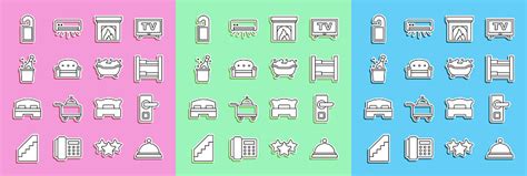 음식 트레이 디지털 도어 잠금 장치 호텔 객실 침대 인테리어 벽난로 소파 병 샴페인 방해하지 말고 욕조 아이콘으로 덮인 세트 라인 벡터 가구에 대한 스톡 벡터 아트 및 기타