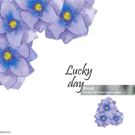 수채화 손 은 밝은 보라색 꽃 꽃다발과 텍스트 에 대한 공간과 흰색 배경에 고립 된 행운의 날 텍스트와 자연 꽃 코너 프레임 구성을 그린 각도에 대한 스톡 벡터 아트 및