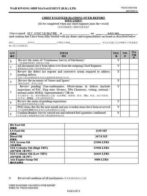 Smm 003e Chief Engineer Handing Over Report Pdf Firefighting Ships