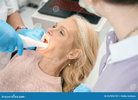 Dentist Doing D Scan Of Teeth Of Female Person Stock Photo Image Of Oral Female
