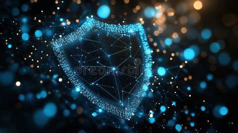 Abstract Digital Shield Graphic With Glowing Network Dark Background Stock Illustration