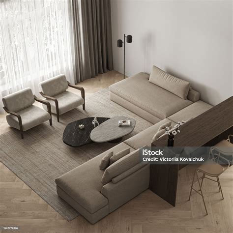 대형 모듈식 소파 안락의자 2개 검은색 램프 주방 아일랜드가 있는 거실 내부의 평면도 탁 트인 창문으로 만나기 위한 장소의 개념 3d 렌더링 고품질 3d 그림 0명에 대한