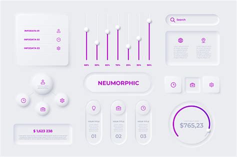 재무 분석 시간 관리 및 계획 Gui 템플릿 사용자 인터페이스 요소입니다 독특한 호형성 디자인 세트 관리 탐색 검색 양식 및 구성 요소 뉴모픽 디자인에 대한 스톡 벡터 아트