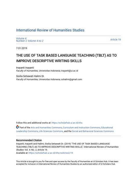 The Use Of Task Based Language Teaching Tblt As To Improve Descriptive Writing Skills Pdf