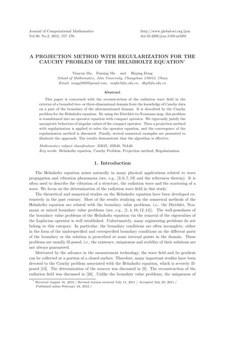 Pdf A Projection Method With Regularization For The Cauchy Problem Of