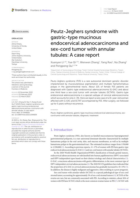 Pdf Peutz Jeghers Syndrome With Gastric Type Mucinous Endocervical Adenocarcinoma And Sex Cord