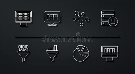 Set Line Binary Code Server Security With Padlock Pie Chart Infographic Sales Funnel Data