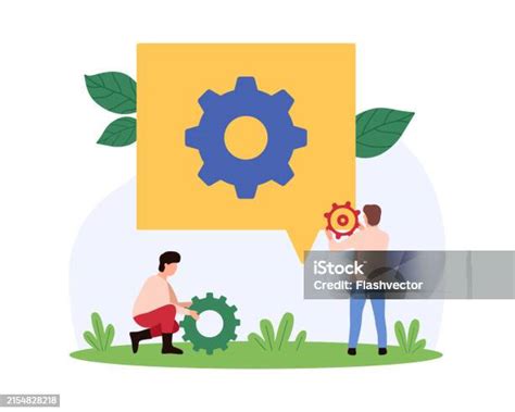 설정 최적화 프로세스 또는 금속 기어를 가진 작은 사람들에 의한 제품 개선 개념에 대한 스톡 벡터 아트 및 기타 이미지 개념 개선 건설 기계류 Istock