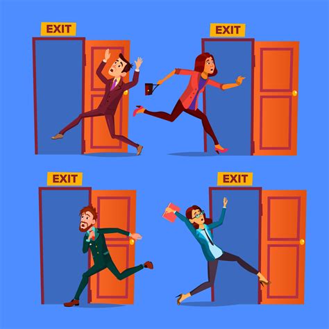 Character Evacuation To Open Door Exit Set Vector 17393233 Vector Art At Vecteezy