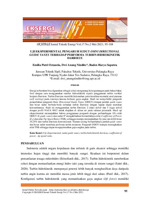 Pdf Uji Eksperimental Pengaruh Sudut Omni Directional Guide Vanes Terhadap Performa Turbin