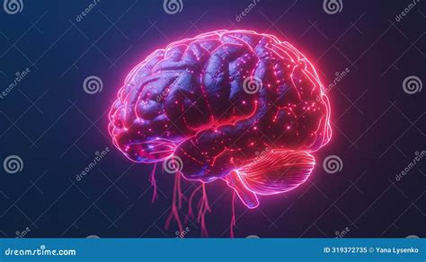 Digital Art Of Neon Glowing Brain With Neural Connections On A Dark