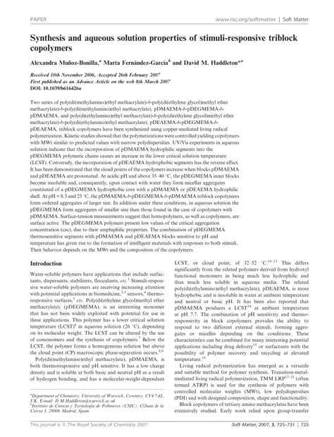 Pdf Synthesis And Aqueous Solution Properties Of Stimuli Responsive Triblock Copolymers