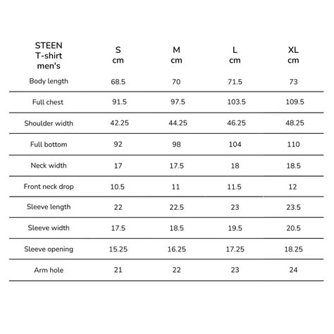 T Shirt Size Chart Steen Apparel