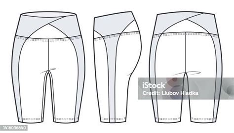 소녀의 짧은 레깅 패션 플랫 스케치 템플릿 여성용 액티브 웨어 바이커 반바지 테크니컬 패션 일러스트레이션 전면 측면 후면보기 화이트 컬러 Cad 모형 0명에 대한 스톡 벡터
