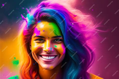 Retrato De Una Linda Chica Pintada Con Los Colores Del Festival Holi