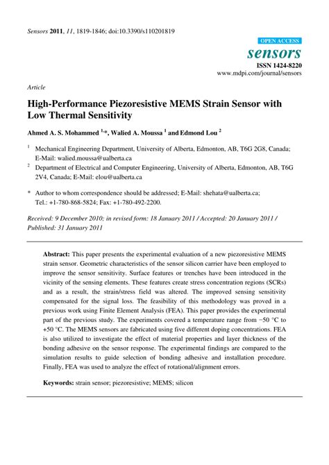 Pdf High Performance Piezoresistive Mems Strain Sensor With Low Thermal Sensitivity