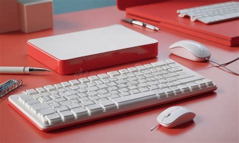 White Keyboard Mouse And Pen Rest On Red Surface Accompanied By Red Laptop And White Pen