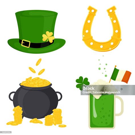 성 패트릭의 날 벡터 아이콘은 흰색 배경에 격리되어 있습니다 플랫 스타일 만화 스타일 요소 말굽 그린 에일 금 냄비 레프 러콘 모자 꿈의 실현에 대한 스톡 벡터 아트 및