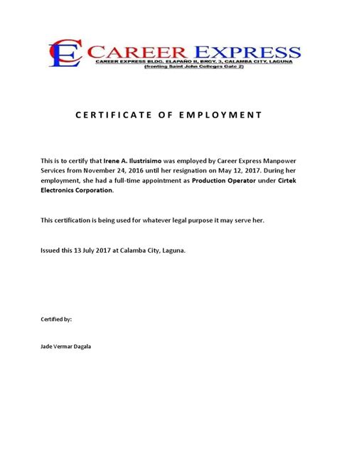 C E R T I F I C A T E O F E M P L O Y M E N T Career Express Pdf Business