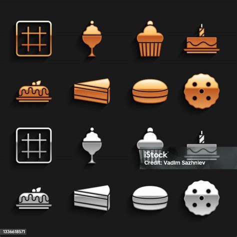 케이크 조각 불타는 촛불 쿠키 또는 비스킷 마카론 쿠키 와플과 아이스크림 그릇 아이콘케이크 세트 벡터 0명에 대한 스톡 벡터 아트 및 기타 이미지 Istock