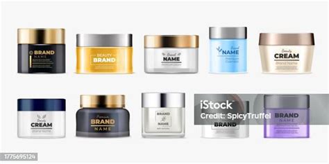화장품 항아리 크림 병 모형 고급 금 또는 은색 흰색 검정색 및 다채로운 다른 용기 3d 포장 플라스틱 캡 미용 제품 측면도 벡터 현실적인 튜브 절연 세트 라벨에 대한 스톡