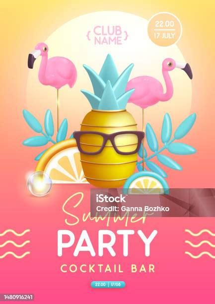 여름 디스코 파티 타이포그래피 포스터에는 3d 플라스틱 파인애플 플라밍고 열대 과일이 있습니다 벡터 그림 3차원 형태에 대한 스톡 벡터 아트 및 기타 이미지 Istock