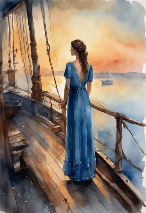 파란 드레스를 입은 여자가 보트 위에 서 있는 그림 Seaart Ai